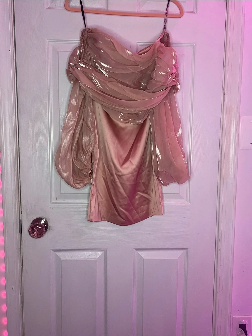 Dresses | Offshoulder Pink Satin Cocktail Dress With Sheer Bishop ...
